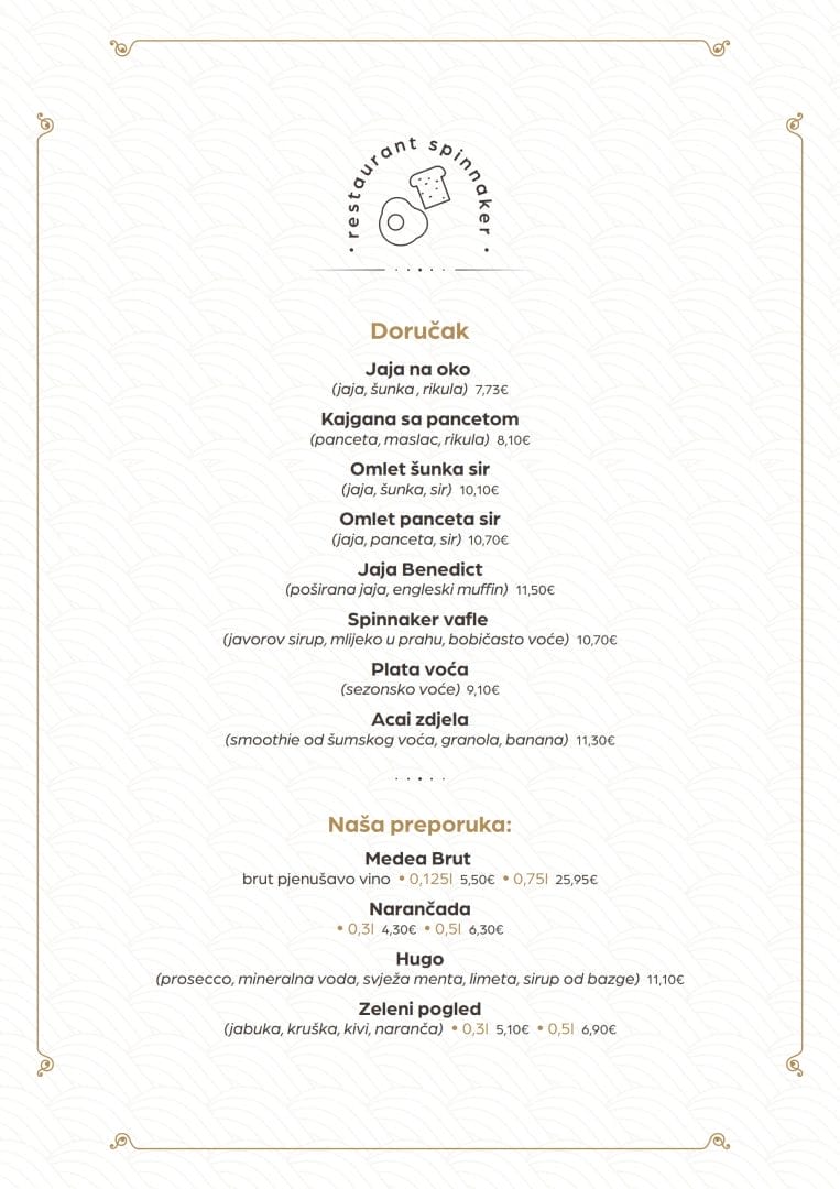 Menu, Restaurant Spinnaker